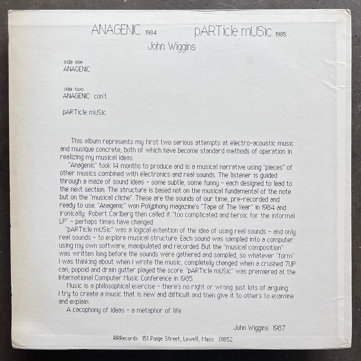 John Wiggins – Anagenic & pARTicle mUSic – All Night Flight Records
